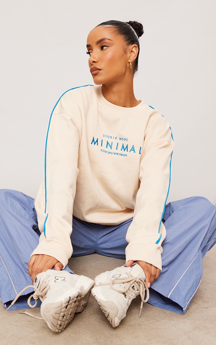 Cream Minimal Embroidered Sweatshirt | Tops | PrettyLittleThing CA