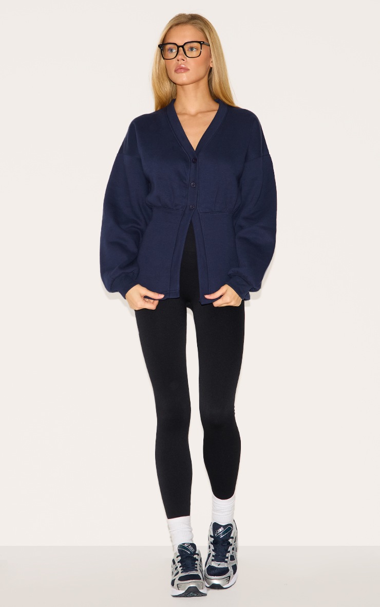 Navy Fitted Waist Button Front Sweatshirt | Athleisure | PLT