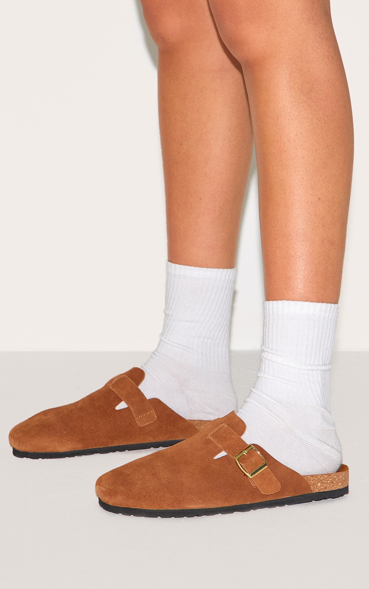 Tan Real Suede Leather Round Toe Buckle Slip Clog | Footwear | PLT