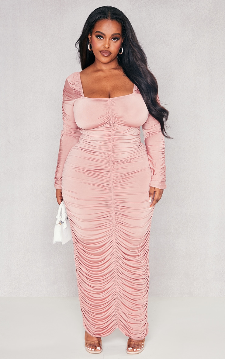 Plus Rose Long Sleeve Extreme Ruched Midaxi Dress | Plus Size ...