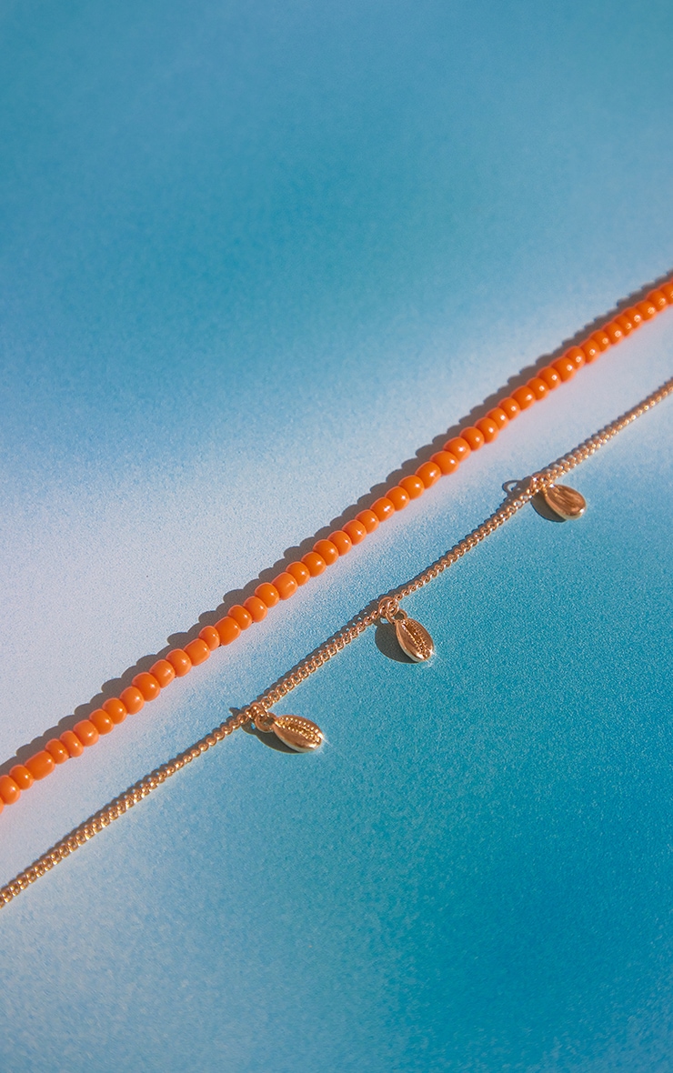 Bright Orange Shell Beaded Layered Anklet | PrettyLittleThing USA