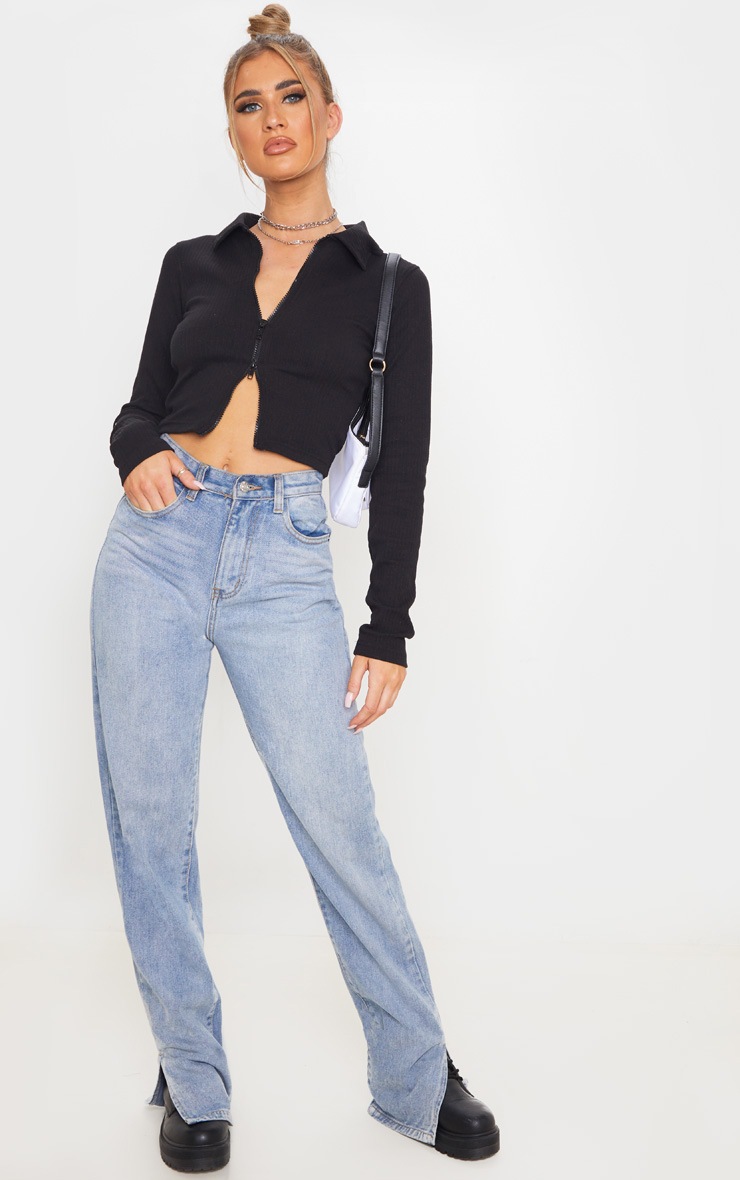 Black Jumbo Rib Collar Double Zip Top | Tops | PrettyLittleThing AUS