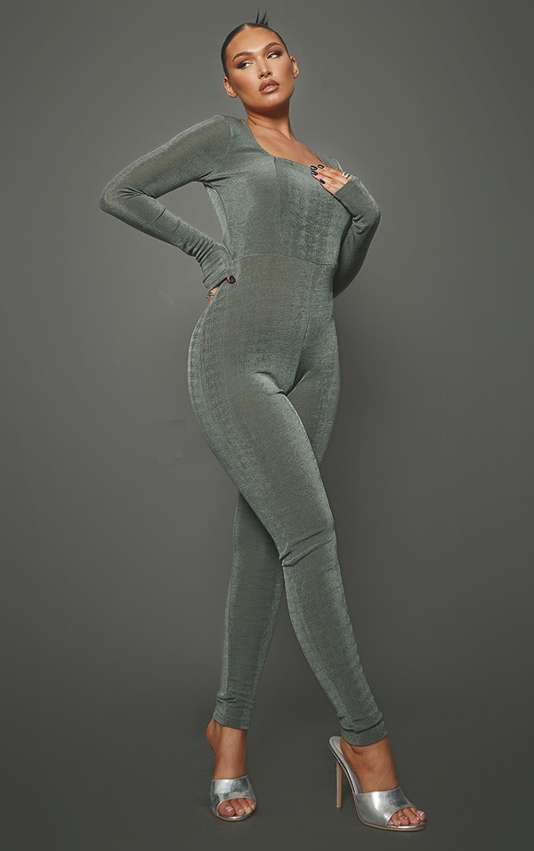 Grey Acetate Slinky Square Neck Low Back Jumpsuit | Dresses | PLT