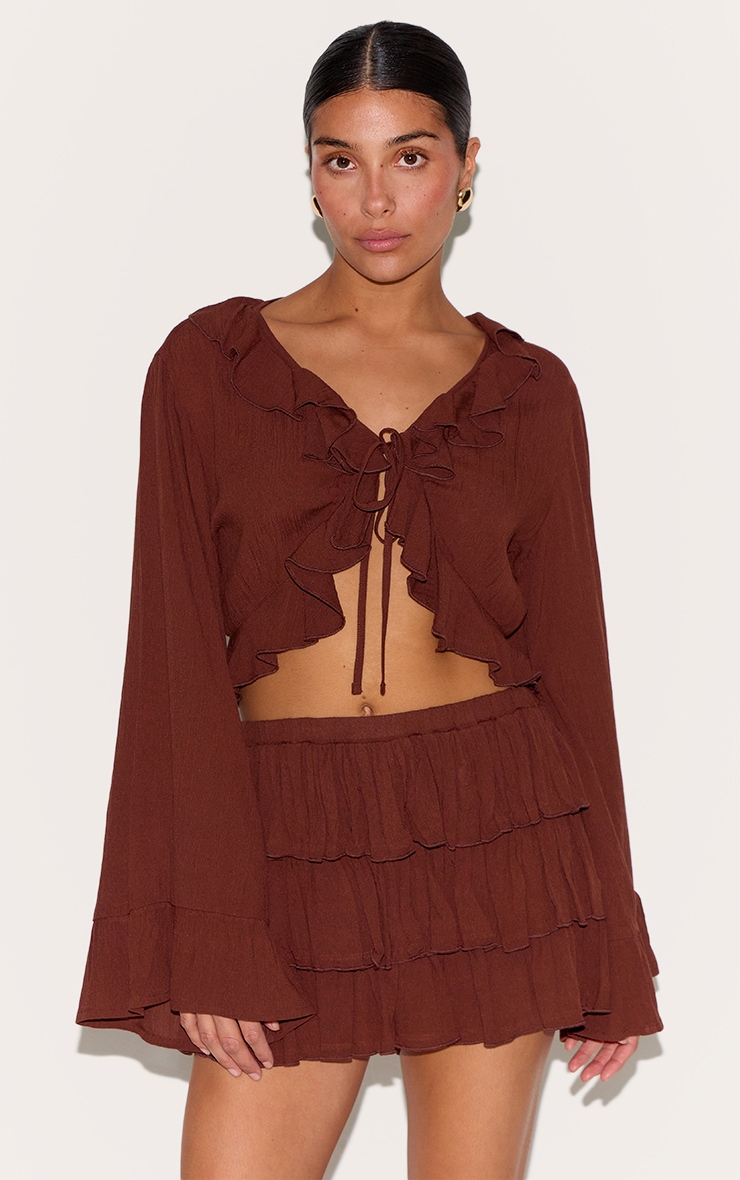 Petite Chocolate Cheesecloth Ruffle Mini Skort | Petite | PLT