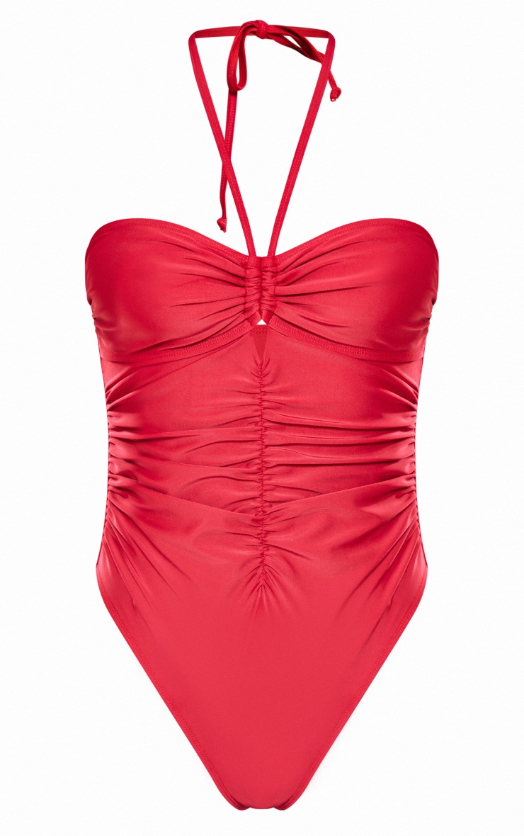 Berry Ruched Halter Neck Swimsuit Swimwear Prettylittlething 