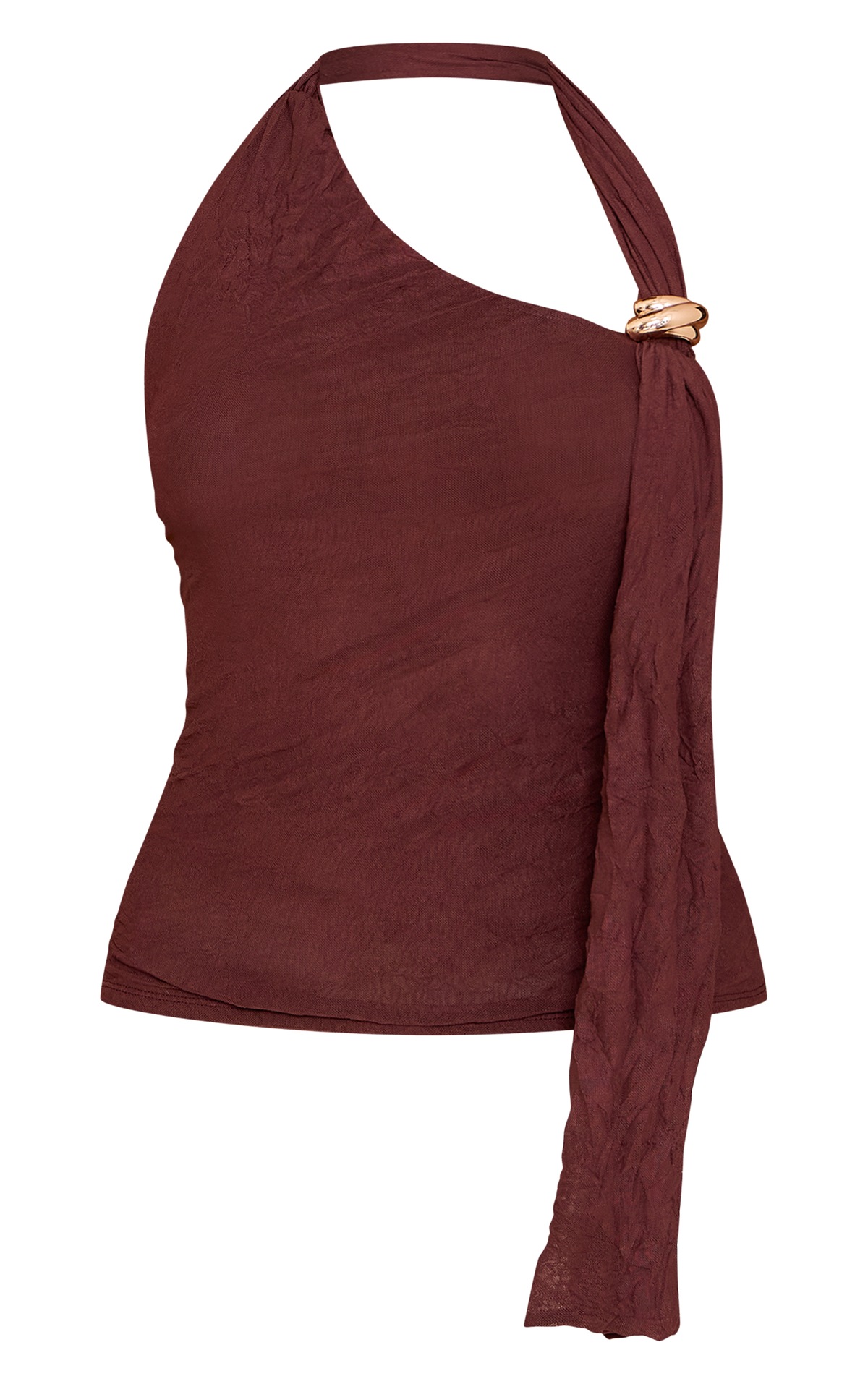 Chocolate Double Layer Crinkle Mesh Drape Long Top | Tops | PLT