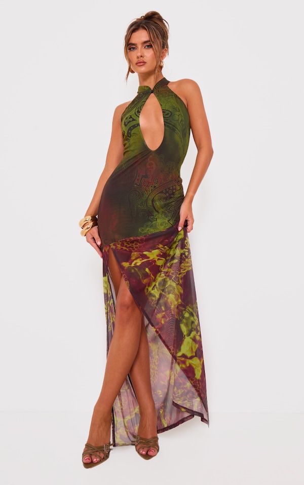 Green Print Mesh Extreme Cut Out Maxi Dress | Dresses ...