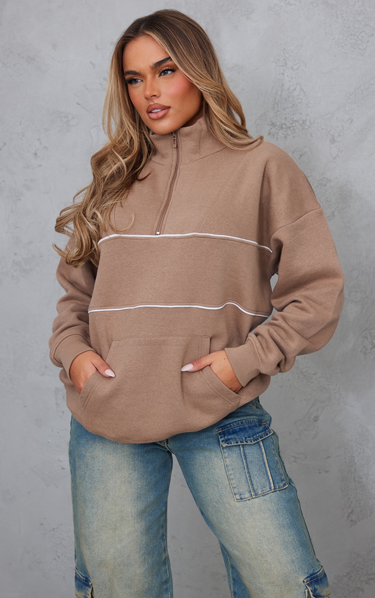 Taupe Half Zip Oversize Contrast Piping Sweatshirt | Athleisure ...