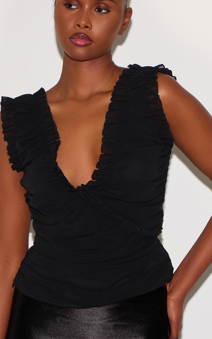Black Chiffon Ruffle Ruched Sleeveless Top | Tops | PrettyLittleThing USA