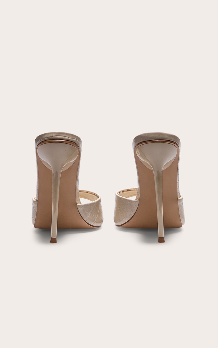 Cream Croc Pu Point Toe High Stiletto Heeled Mules | Footwear | PLT