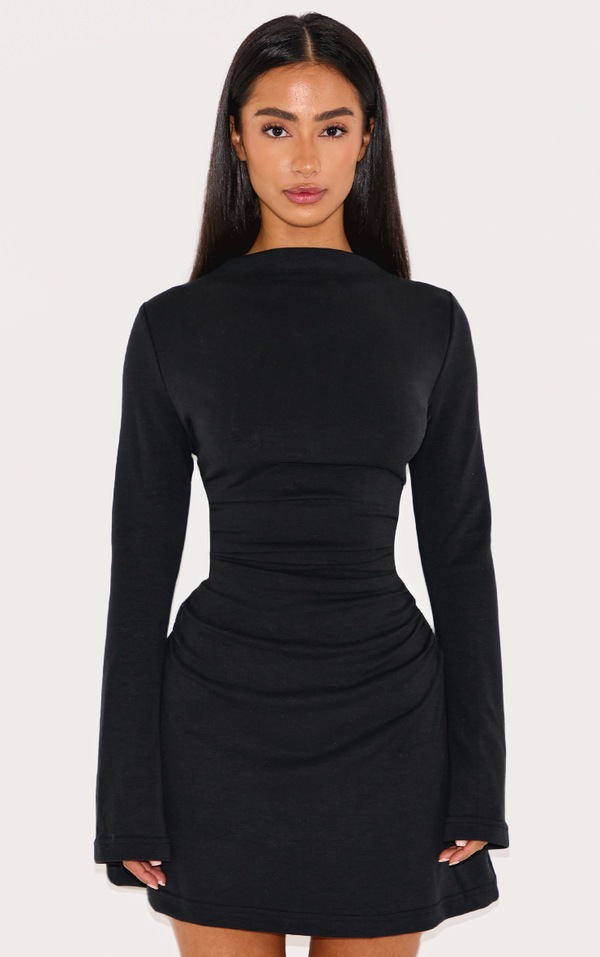Petite Black Modal Long Sleeve Ruched Mini Dress | Petite | PLT USA