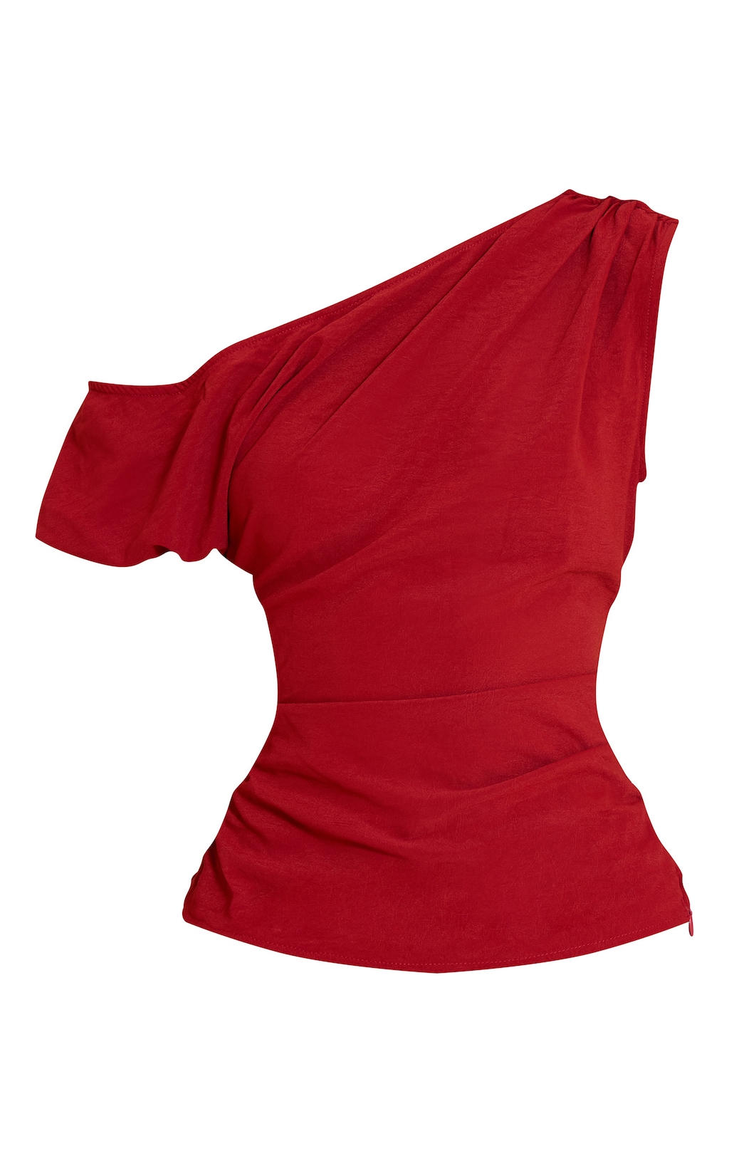 Deep Red Floaty Woven Ruched One Shoulder Top | Tops | PLT