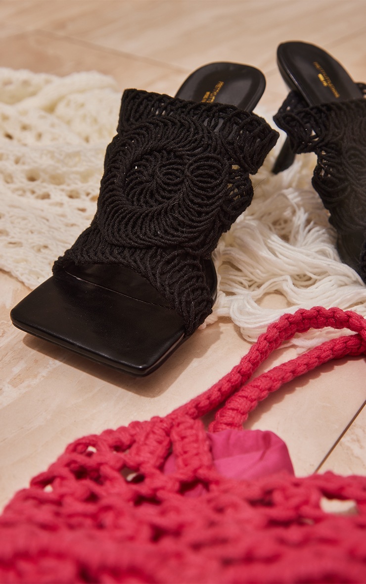 Black Wide Fit Crochet Strap Mid Heeled Mules | Footwear | PLT