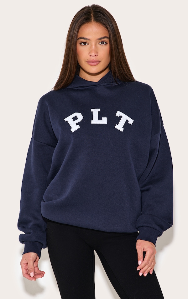 PLT Navy Contrasting Print Logo Oversized Hoodie | Athleisure | PLT