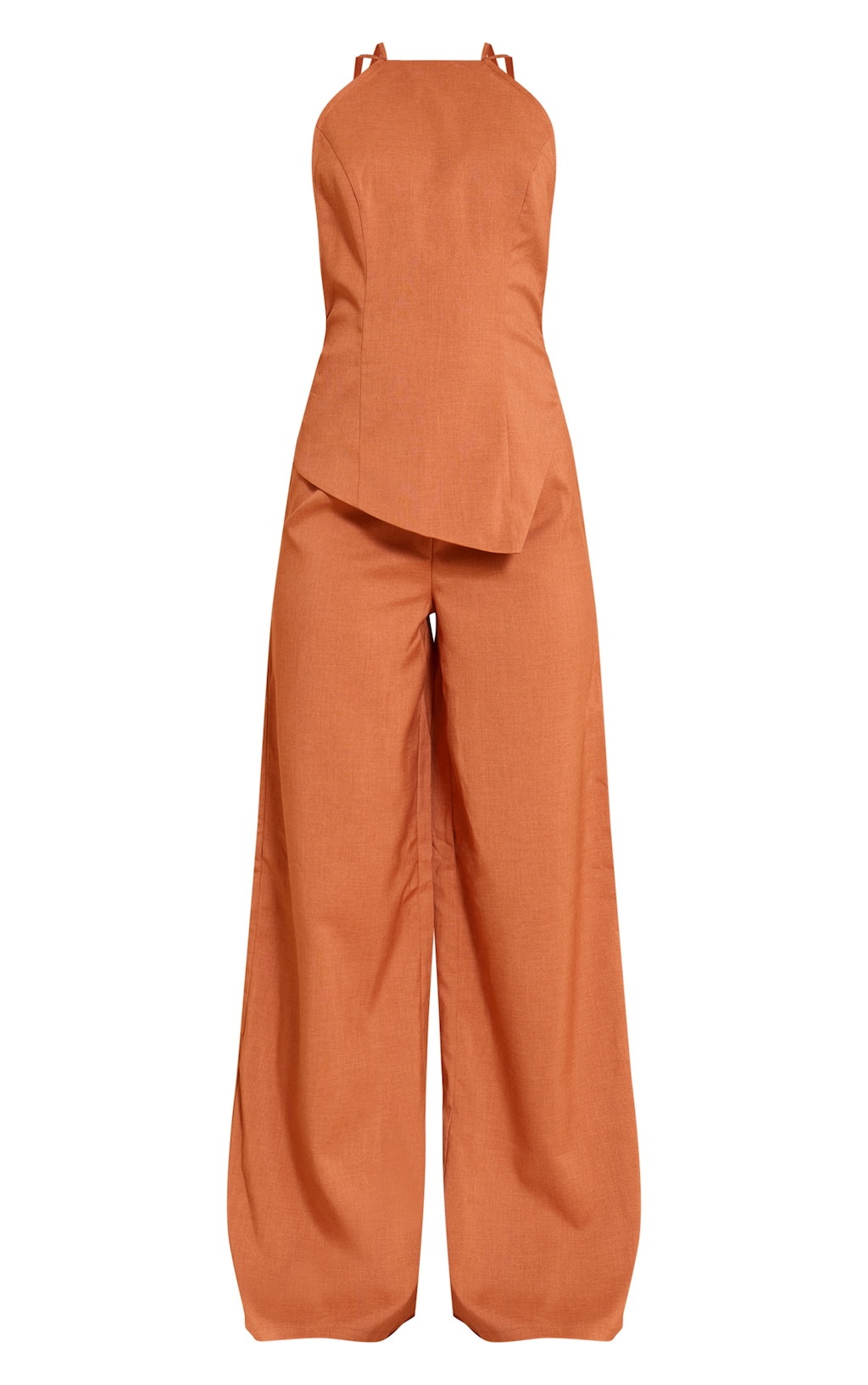 Rust Textured Woven Halter Neck Jumpsuit | Dresses | PLT