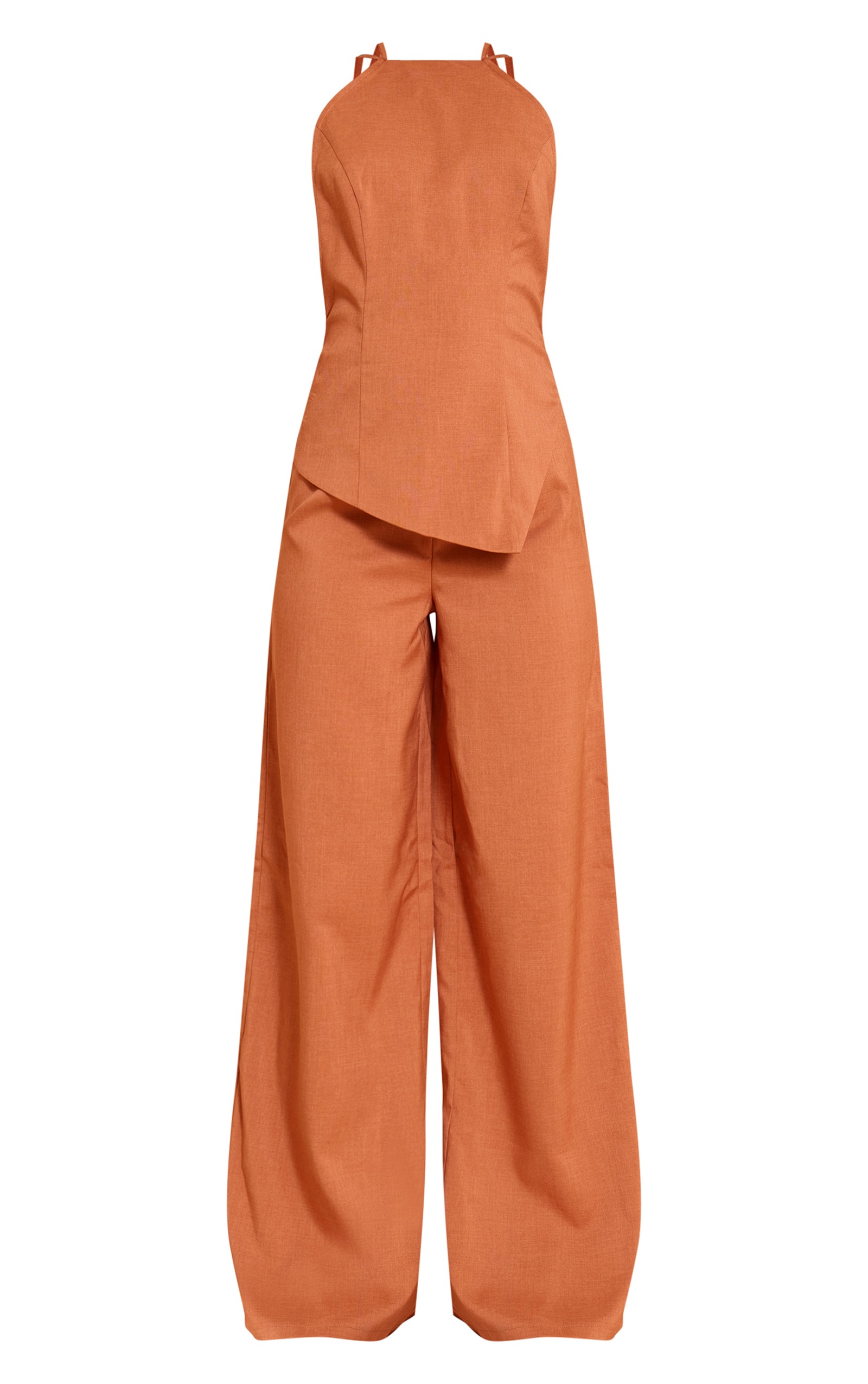 Rust Textured Woven Halter Neck Jumpsuit | Dresses | PLT