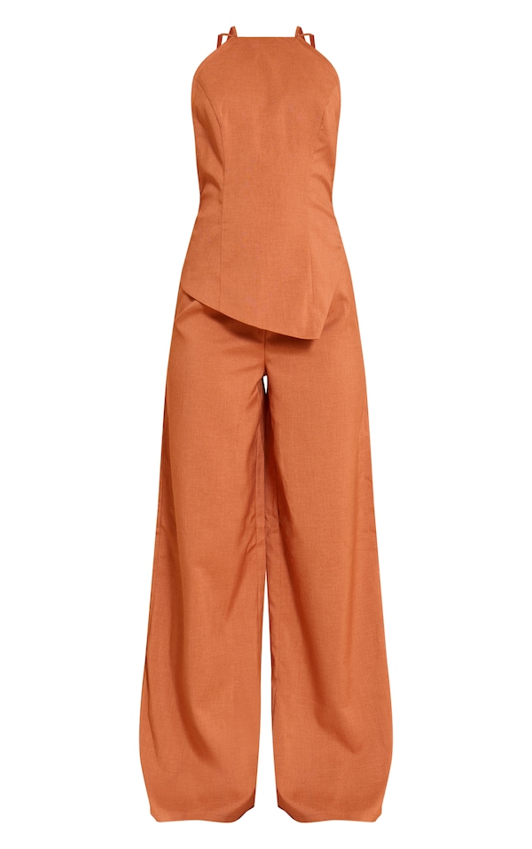 Rust Textured Woven Halter Neck Jumpsuit | Dresses | PLT