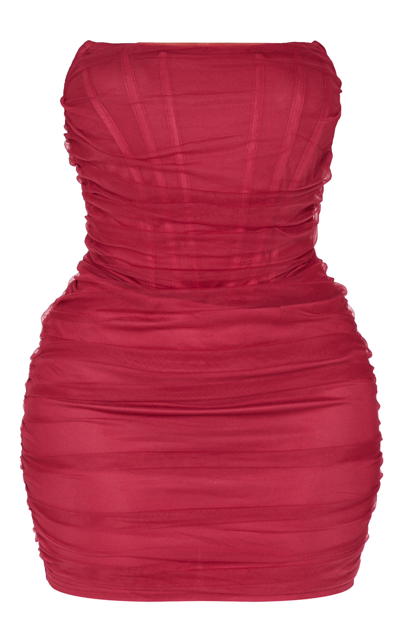 Shape Burgundy Mesh Corseted Ruched Bodycon Dress | Shape | PLT USA