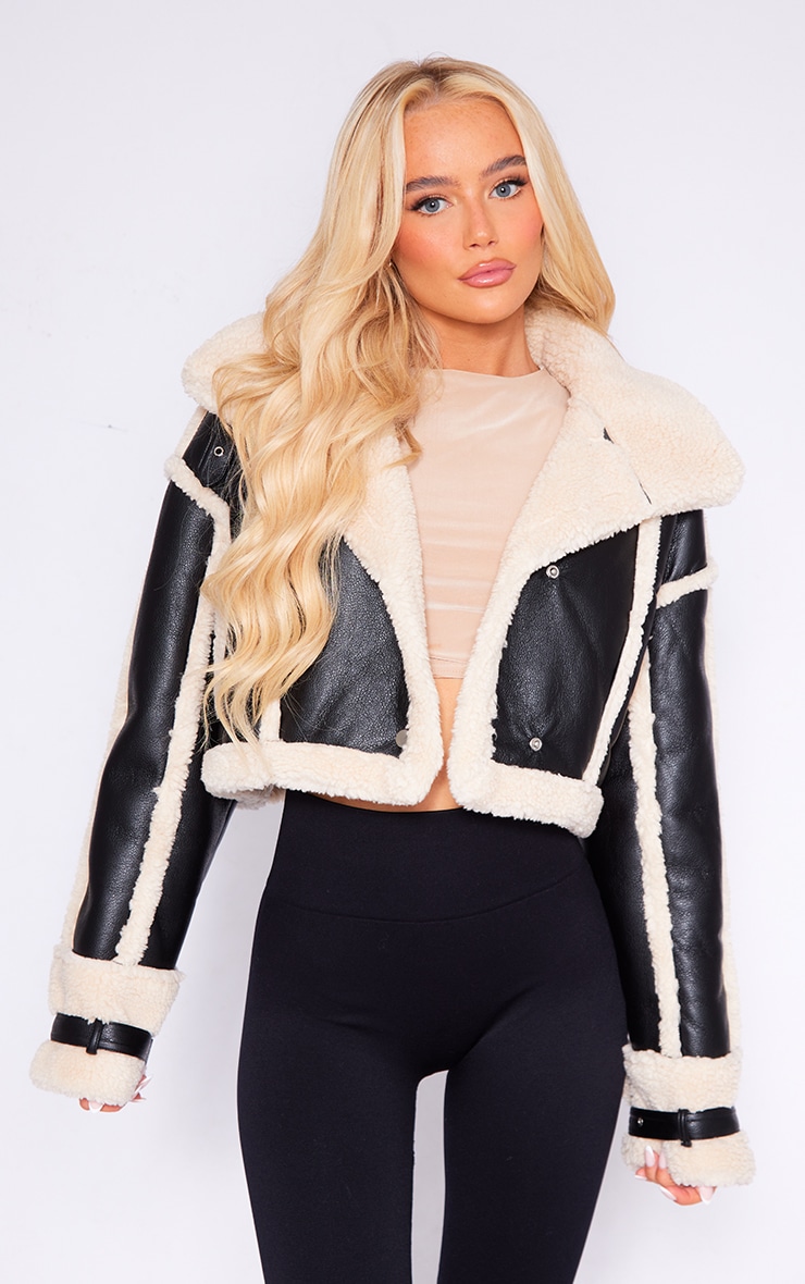 Black Borg Panelled Cropped PU Aviator Jacket | Outerwear | PLT