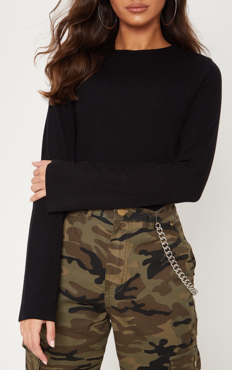 Black Crew Neck Ribbed Long Sleeve Top Tops Prettylittlething Usa