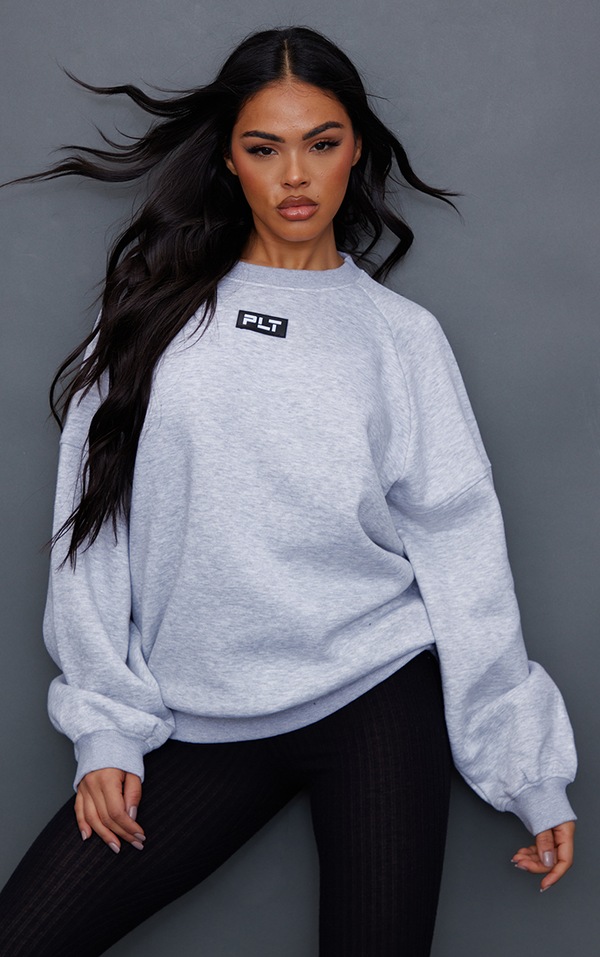 Prettylittlething Ash Grey Rubber Badge Sweatshirt | PrettyLittleThing