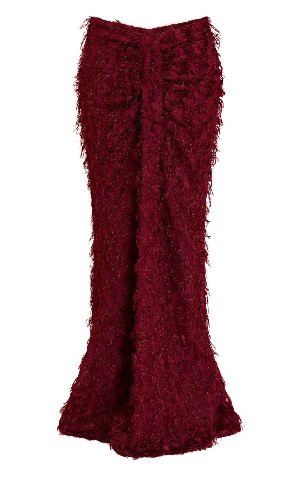 Deep Red Distressed Woven Dip Waist Maxi Skirt | Bottoms | PLT