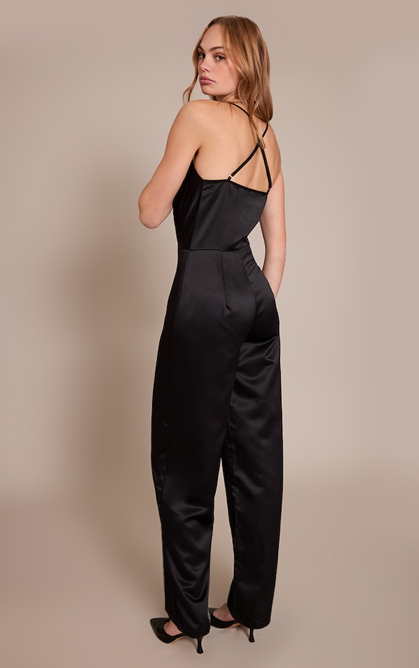 Black Satin Cowl Cross Back Jumpsuit | Dresses | PLT