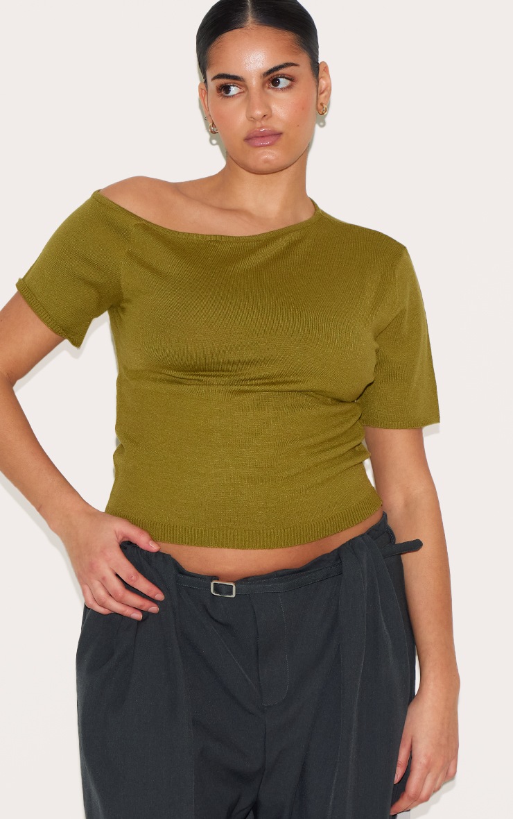 Plus Olive Basic Knit Asymmetric Neckline Top | Plus Size | PLT
