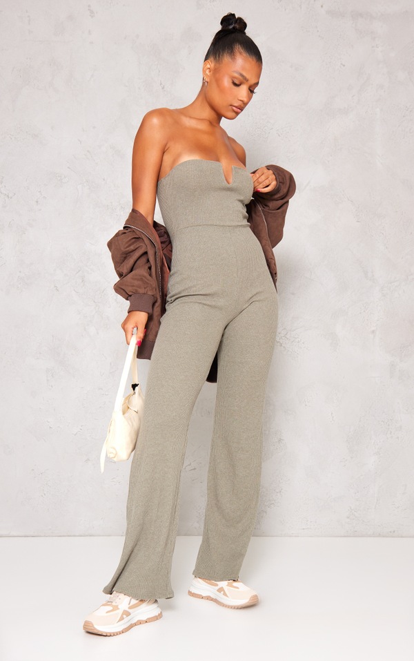 Khaki V Bar Marley Rib Bandeau Jumpsuit | PrettyLittleThing USA