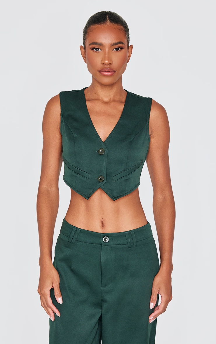 Forest Green Woven Belted Back Suit Waistcoat Top | Co-ords | PLT