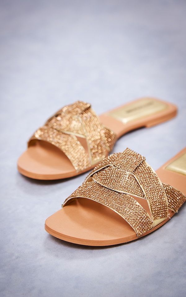 Gold Diamante Real Leather Strap Mule Flat Sandals Footwear Prettylittlething