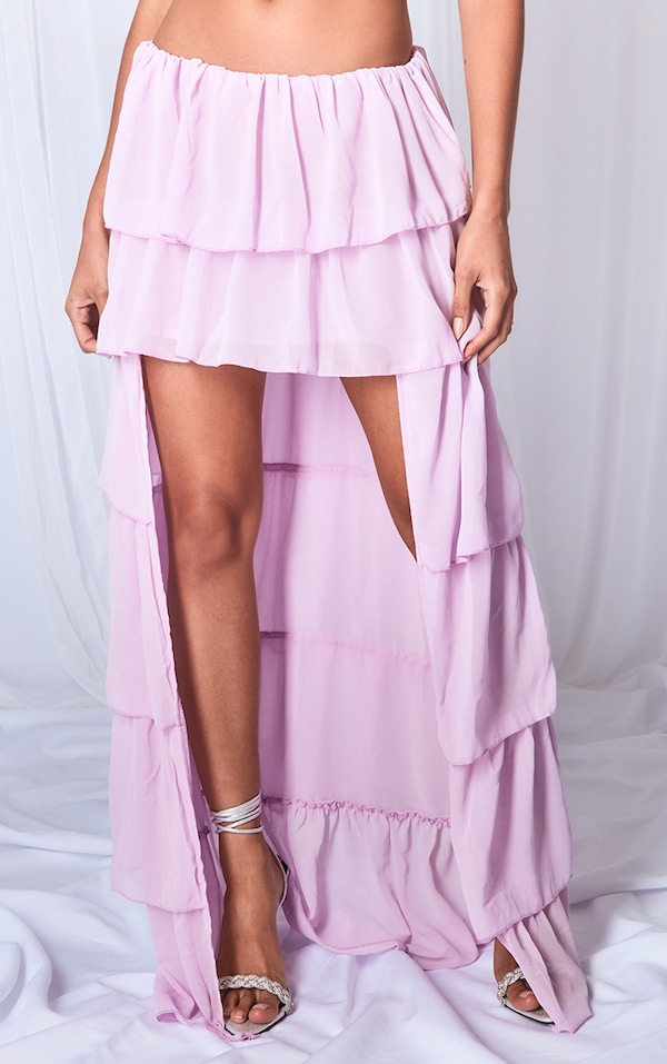 Lilac Chiffon Tiered Waterfall Hem Maxi Skirt | PrettyLittleThing CA