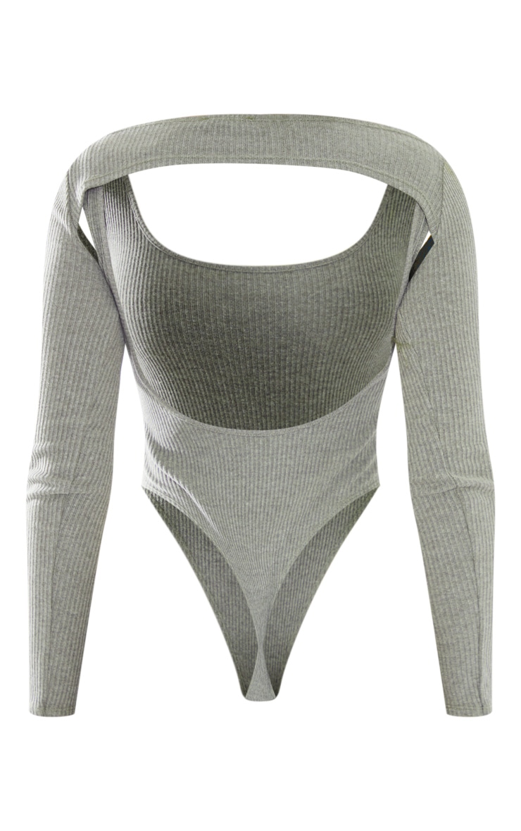 Steel Grey Rib Cut Out Shoulder Bodysuit | Tops | PrettyLittleThing AUS