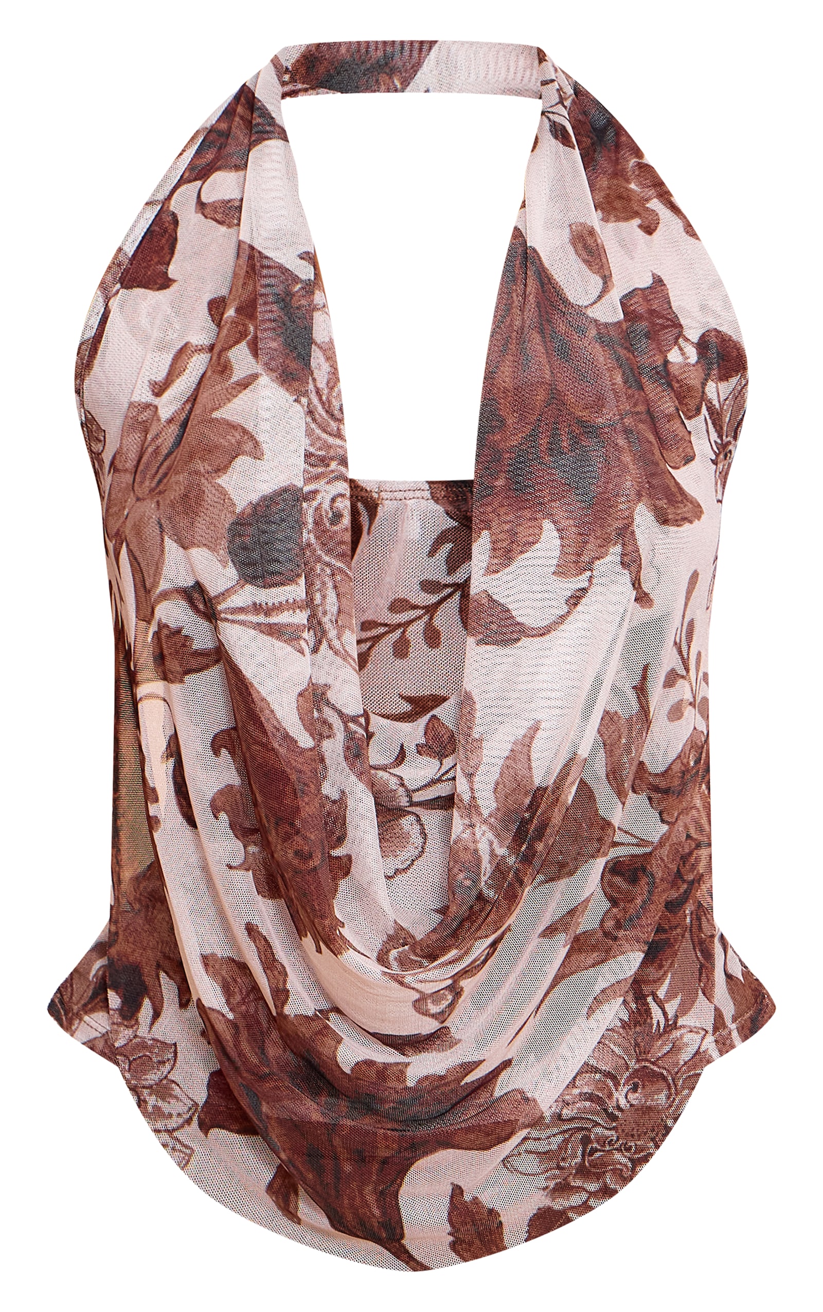 Brown Floral Printed Mesh Halter Neck Top | Tops | PLT