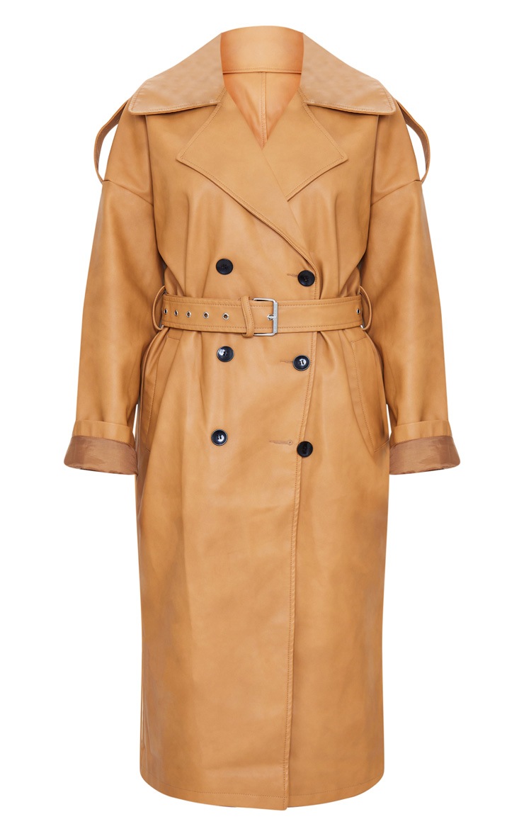 Camel Faux Leather Drop Arm Midi Trench | Outerwear | PLT