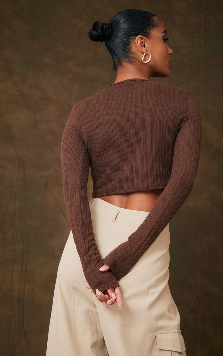 Crop top chocolat côtelé texturé manches longues doubles liens ...