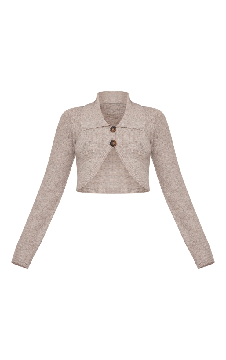 Mocha Luxe Knit Button Front Curved Crop Cardigan | PrettyLittleThing QA