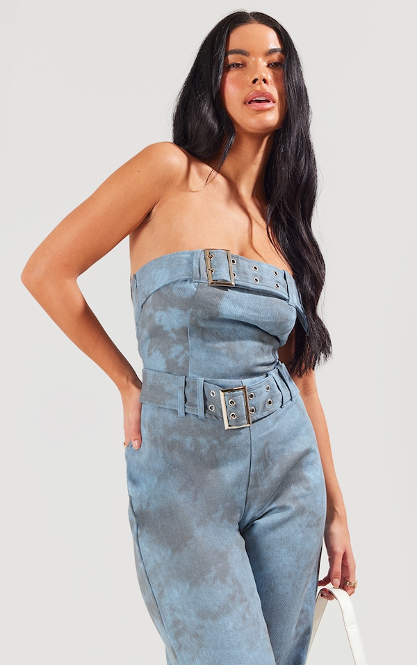 Blue Acid Wash Belted Bandeau Jumpsuit | Jumpsuits & Rompers ...