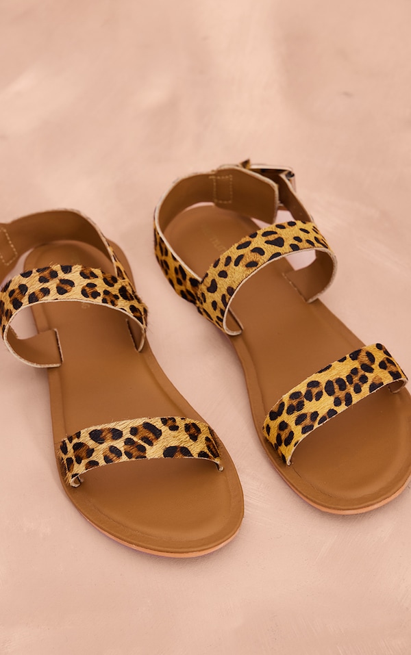 Leopard Real Leather Pony Hair Double Strap Flat Sandals | Footwear ...