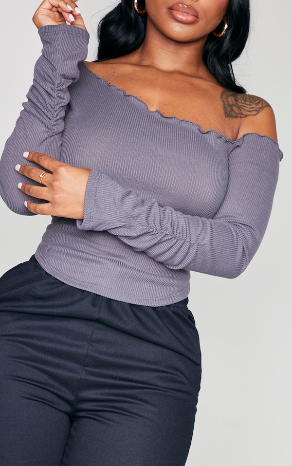 Shape Charcoal Grey Rib Bardot Sleeve Long Top | Shape | PLT