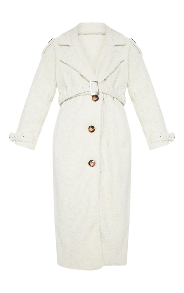 Cream Borg Oversized Belted Coat | PrettyLittleThing USA
