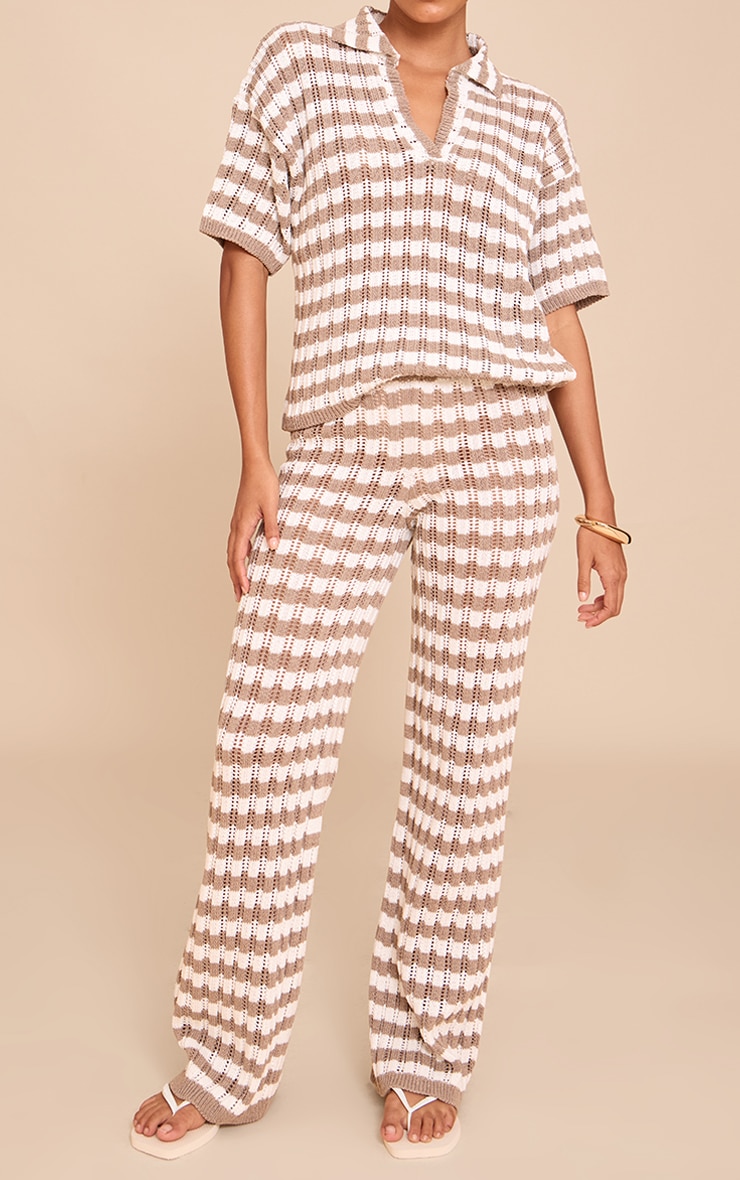 Mocha Crochet Stripe Knit Pant | Knitwear | PrettyLittleThing USA