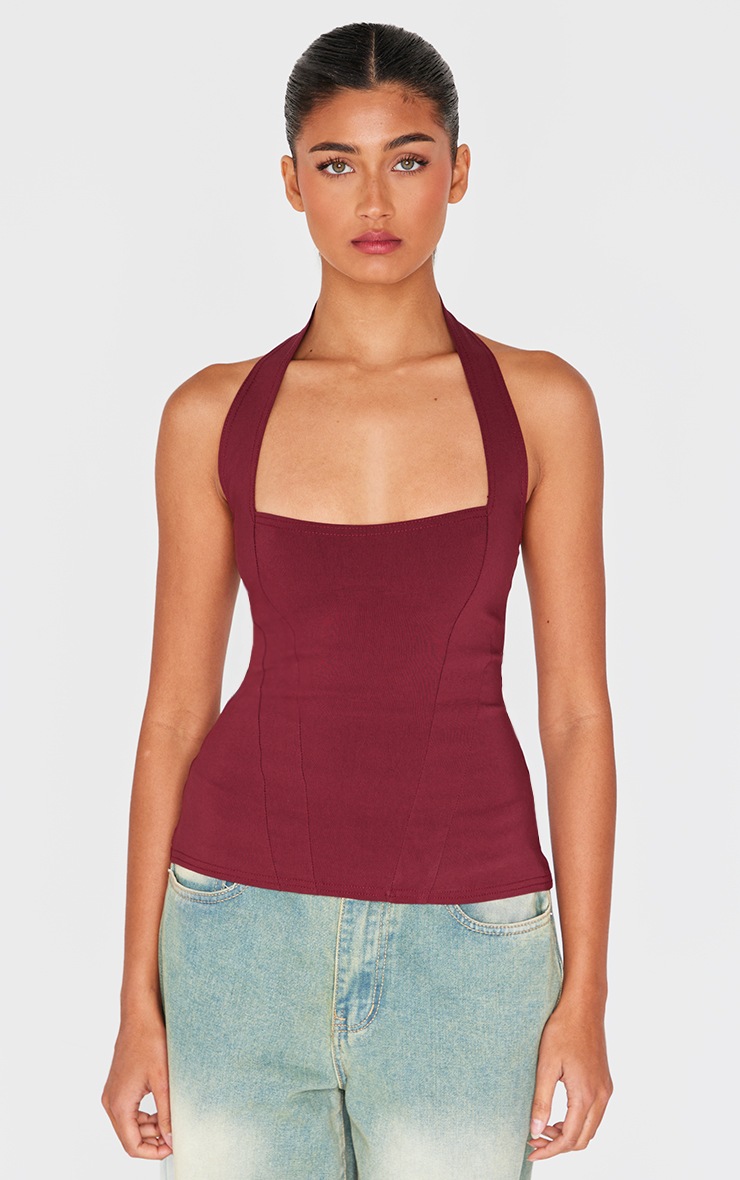 Burgundy Bengaline Square Neck Top | Tops | PrettyLittleThing