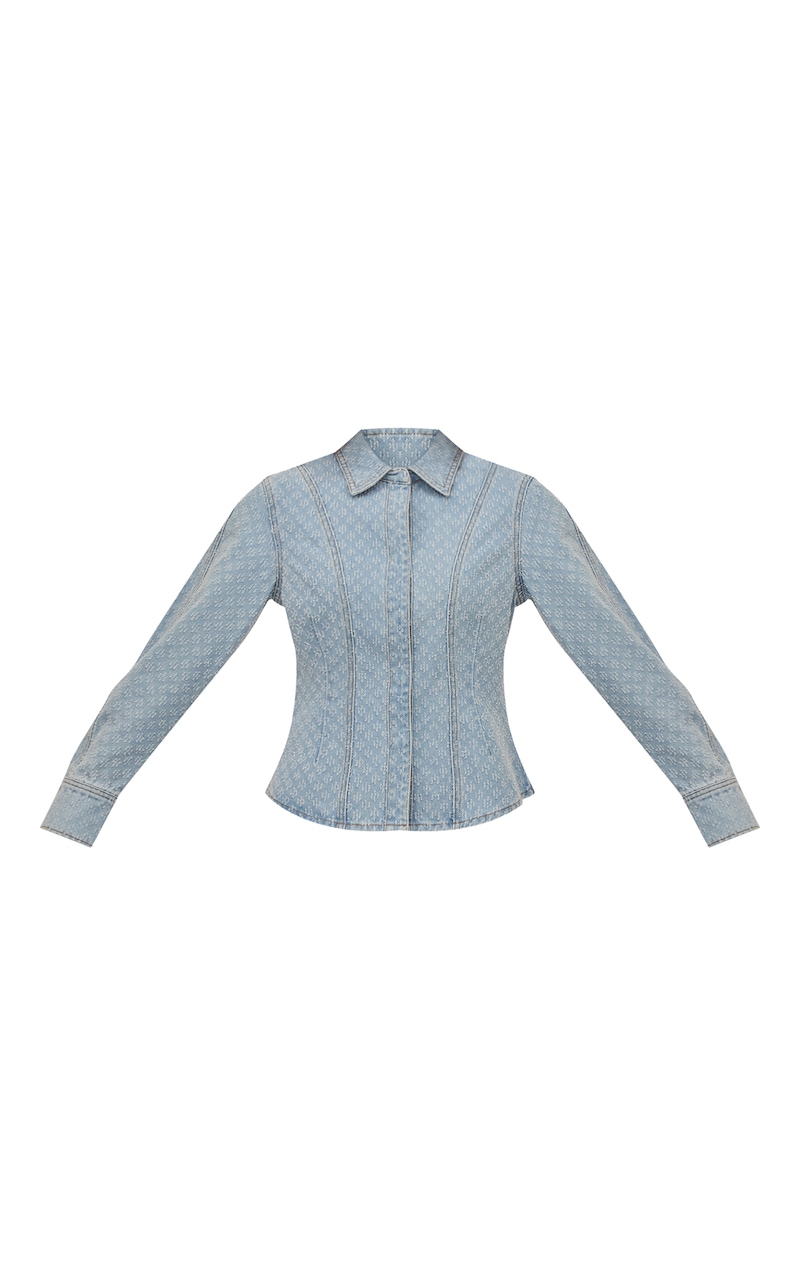 Light Blue Boucle Denim Balloon Sleeve Cinched Denim Shirt | Denim | PLT