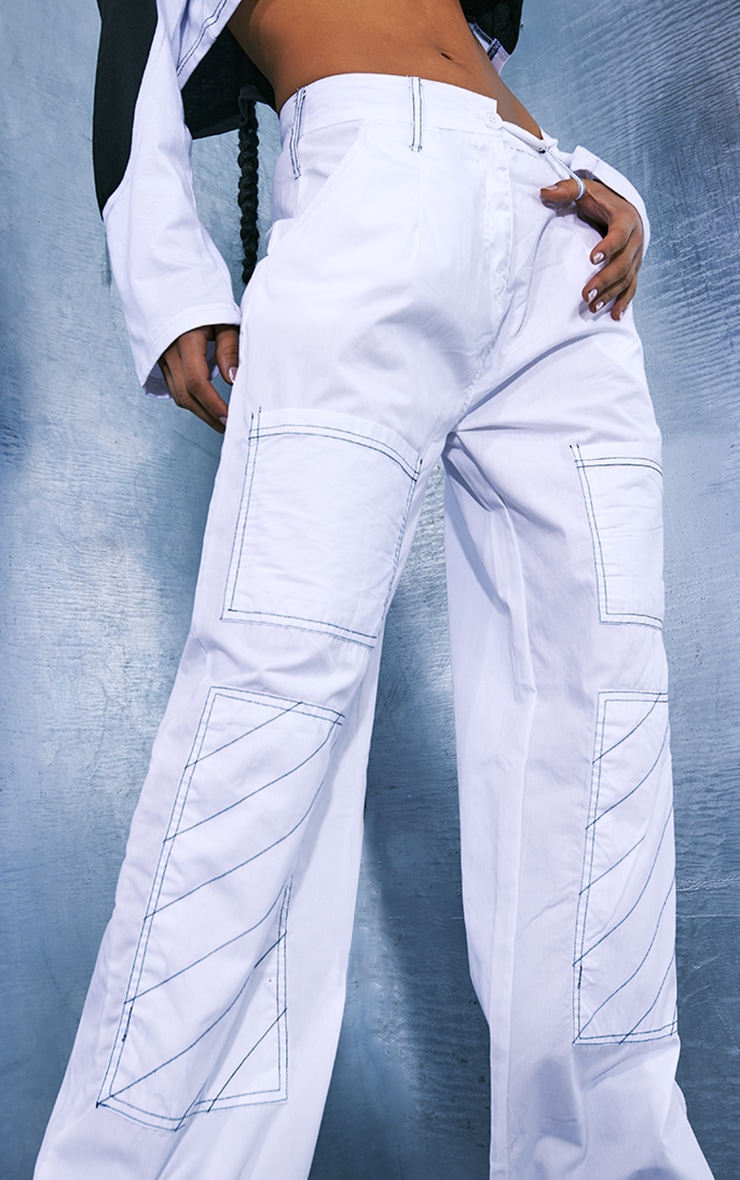 White Contrast Stitch Woven Wide Leg Trousers | PrettyLittleThing AUS