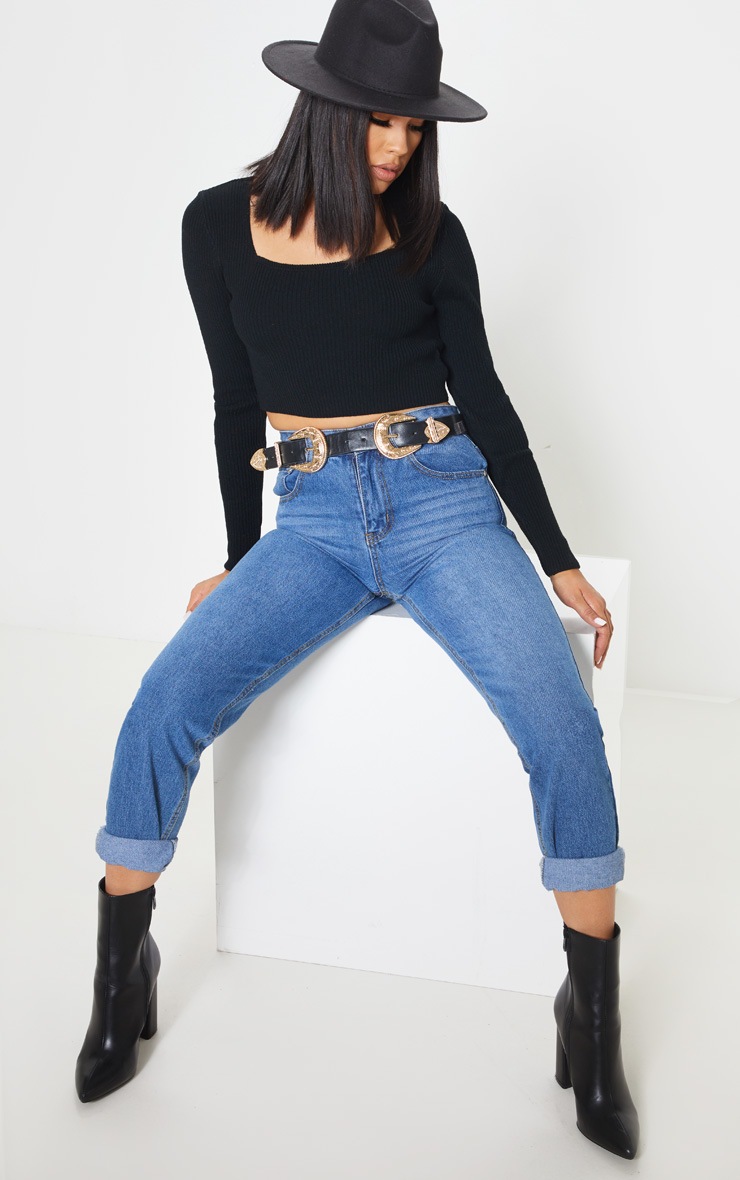 Black Square Front Ribbed Top | Knitwear | PrettyLittleThing USA