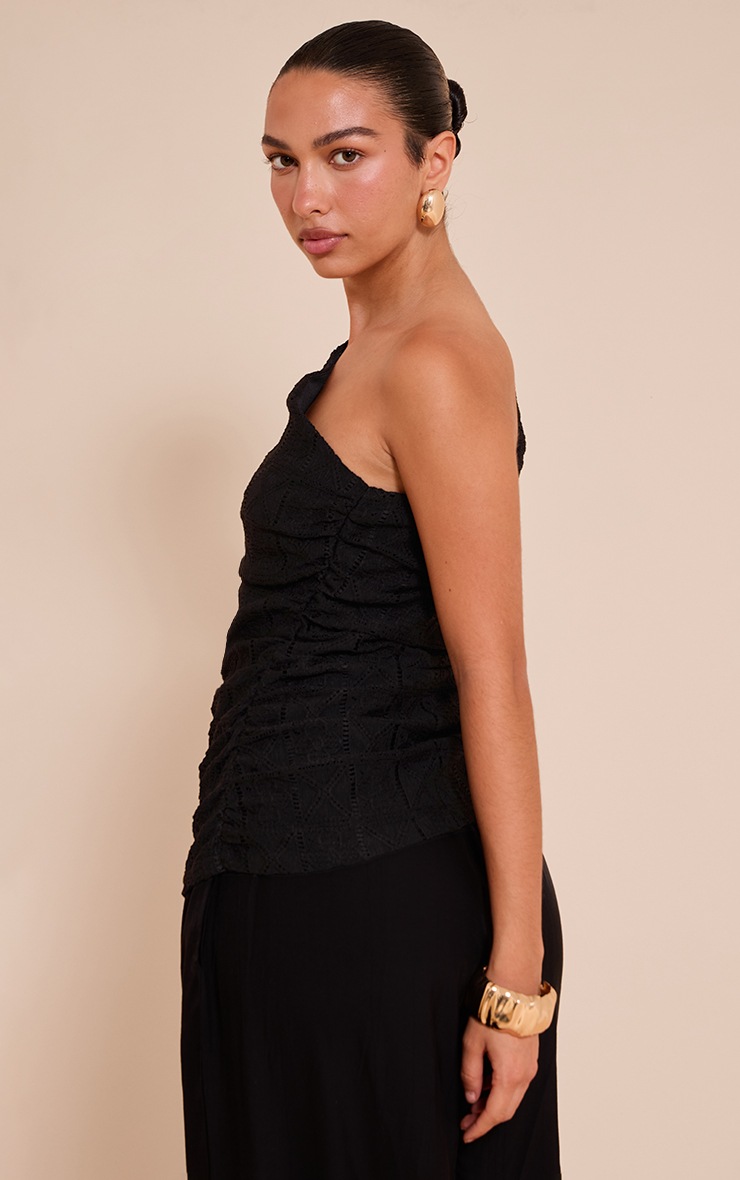 Black Crochet Textured One Shoulder Ruched Top | Tops | PLT