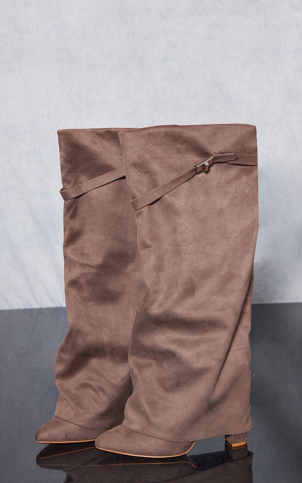 Deep Taupe Fold Over Knee High Block Heeled Boots | Footwear | PLT