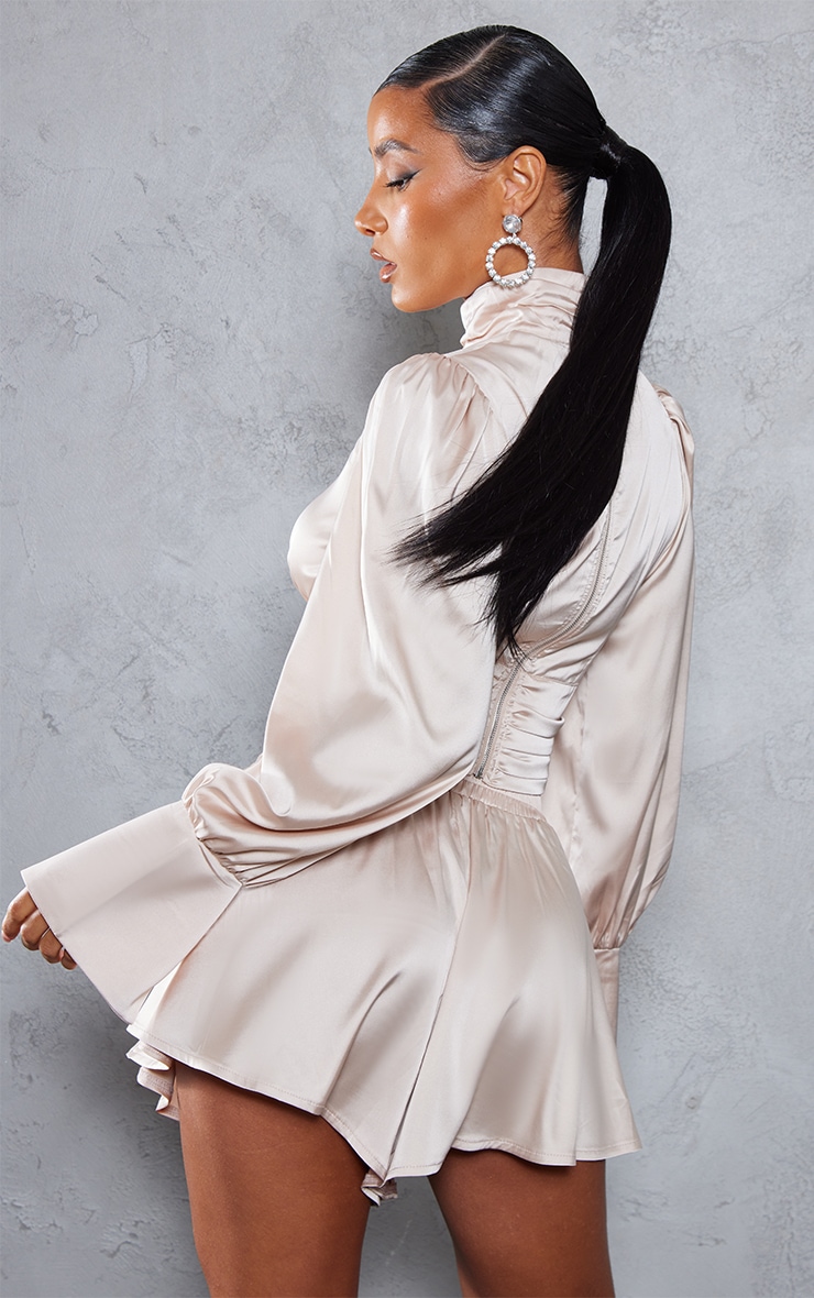 Stone Satin High Neck Keyhole Detail Floaty Blouse | PrettyLittleThing