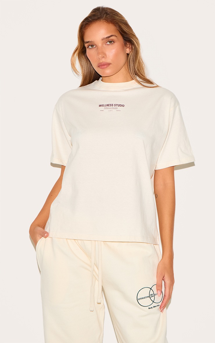 Cream Wellness Printed Boxy Oversized T Shirt | Athleisure | PLT